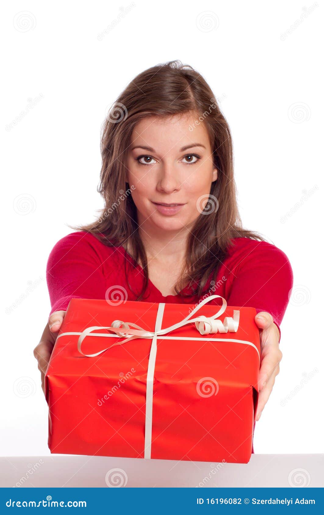 Woman giving red gift box stock photo. Image of people - 16196082