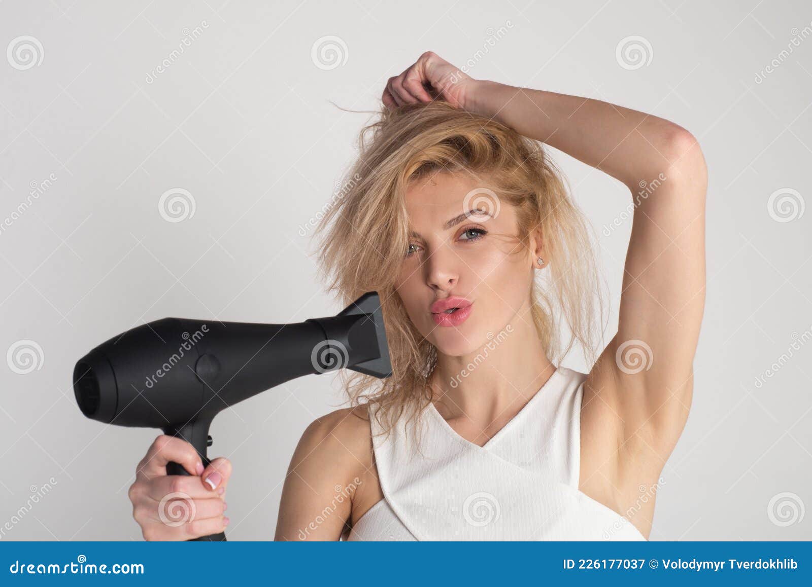 Women Hair Care Girl Using Hair Dryer After Showering Stock Image