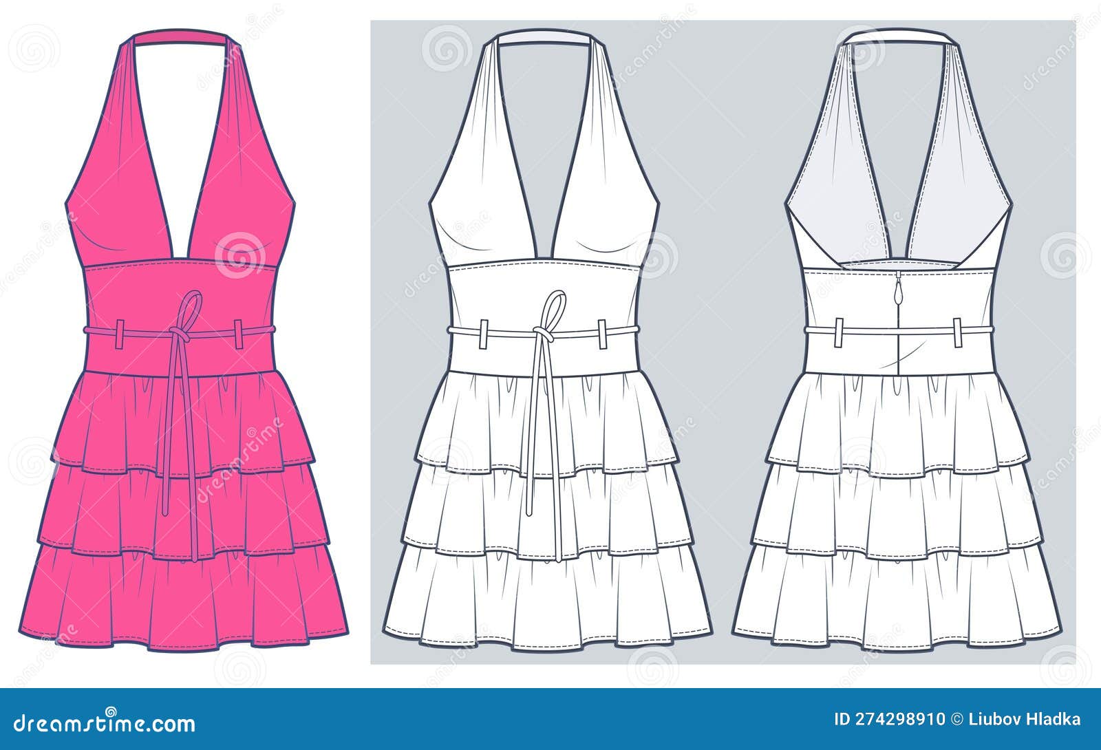 Women Halter Mini Dress Technical Fashion Illustration Tiered Dress