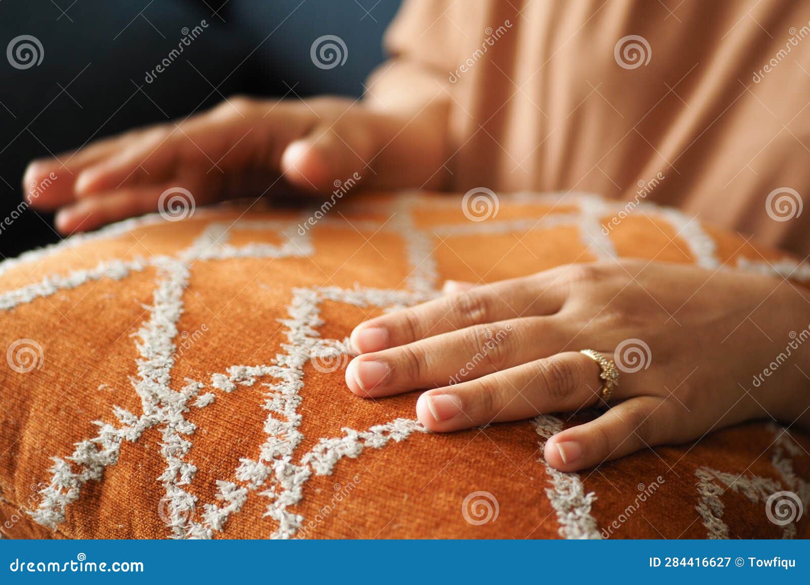 Women Hand on a Orange Color Pillow Stock Image - Image of comfortable ...