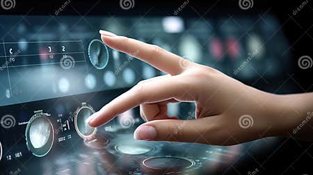 Women Hand Touch on Virtual Functions Icon on a Virtual Screen ...
