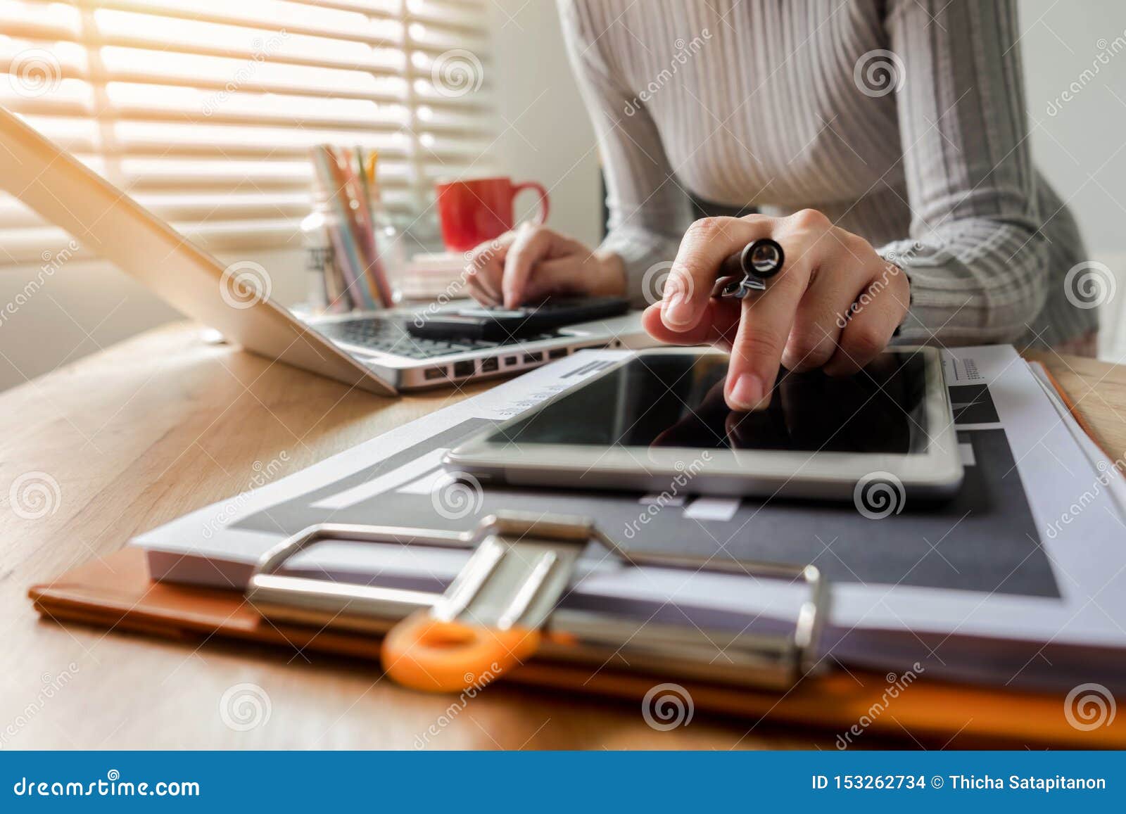 Women Hand Working with Laptop Computer, Tablet in Modern Office Stock ...