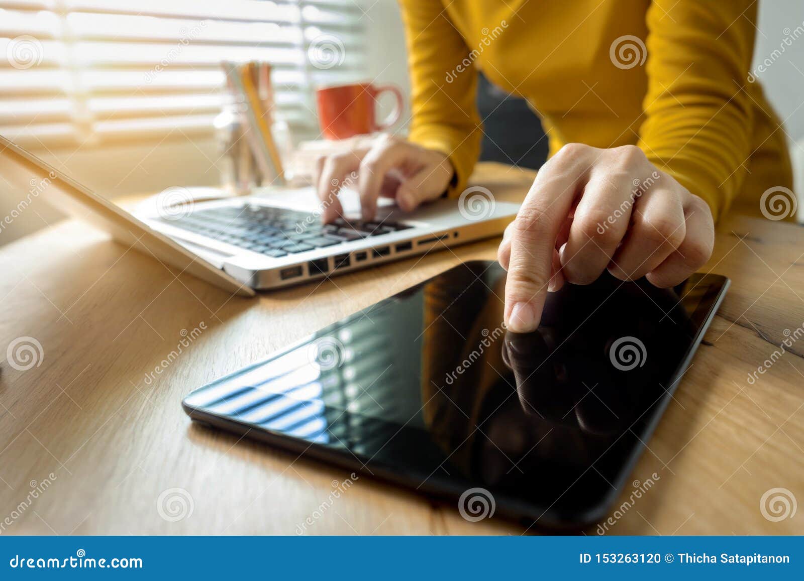 Women Hand Working with Laptop Computer, Tablet in Modern Office Stock ...
