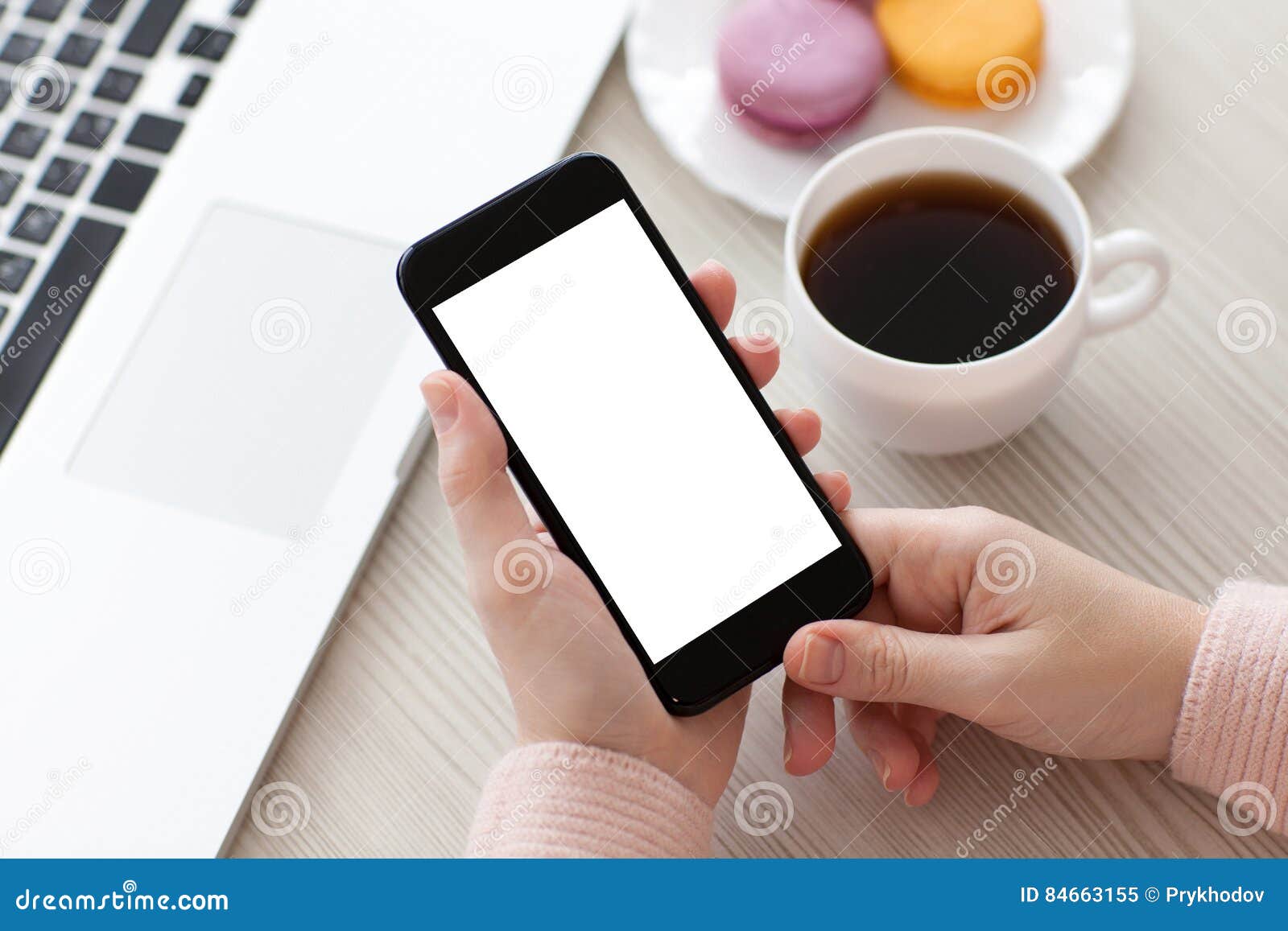 Women Hands Holding Phone Isolated Screen with Coffee and Laptop Stock ...