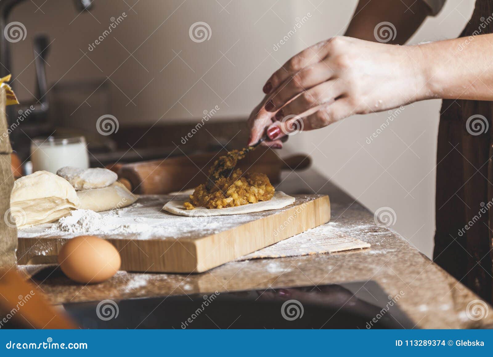 Women Hands Stuffing Spread Sheet Dough Stock Photo - Image of meal ...