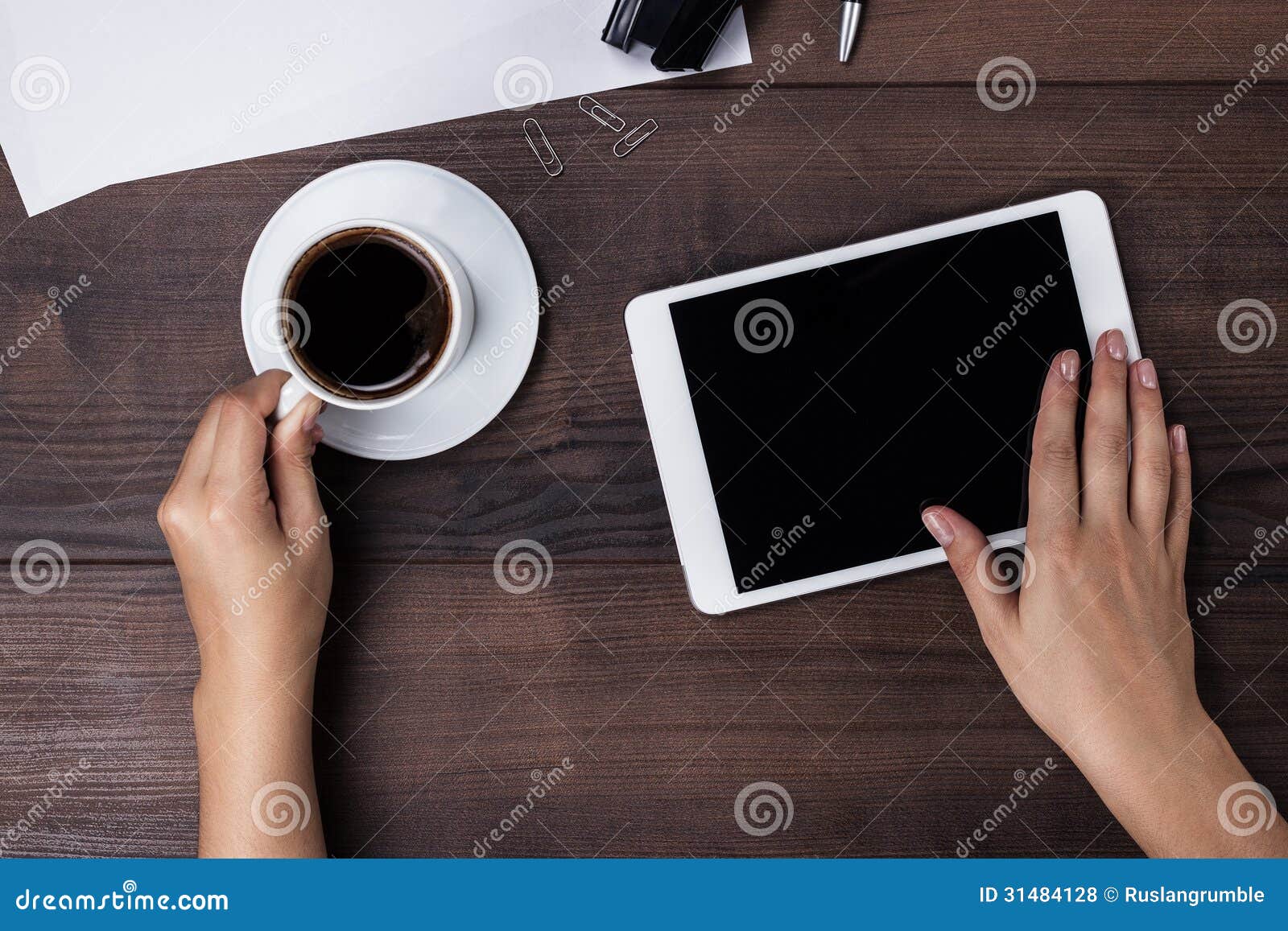Women Hands with Tablet Computer and Coffee on Stock Photo - Image of ...