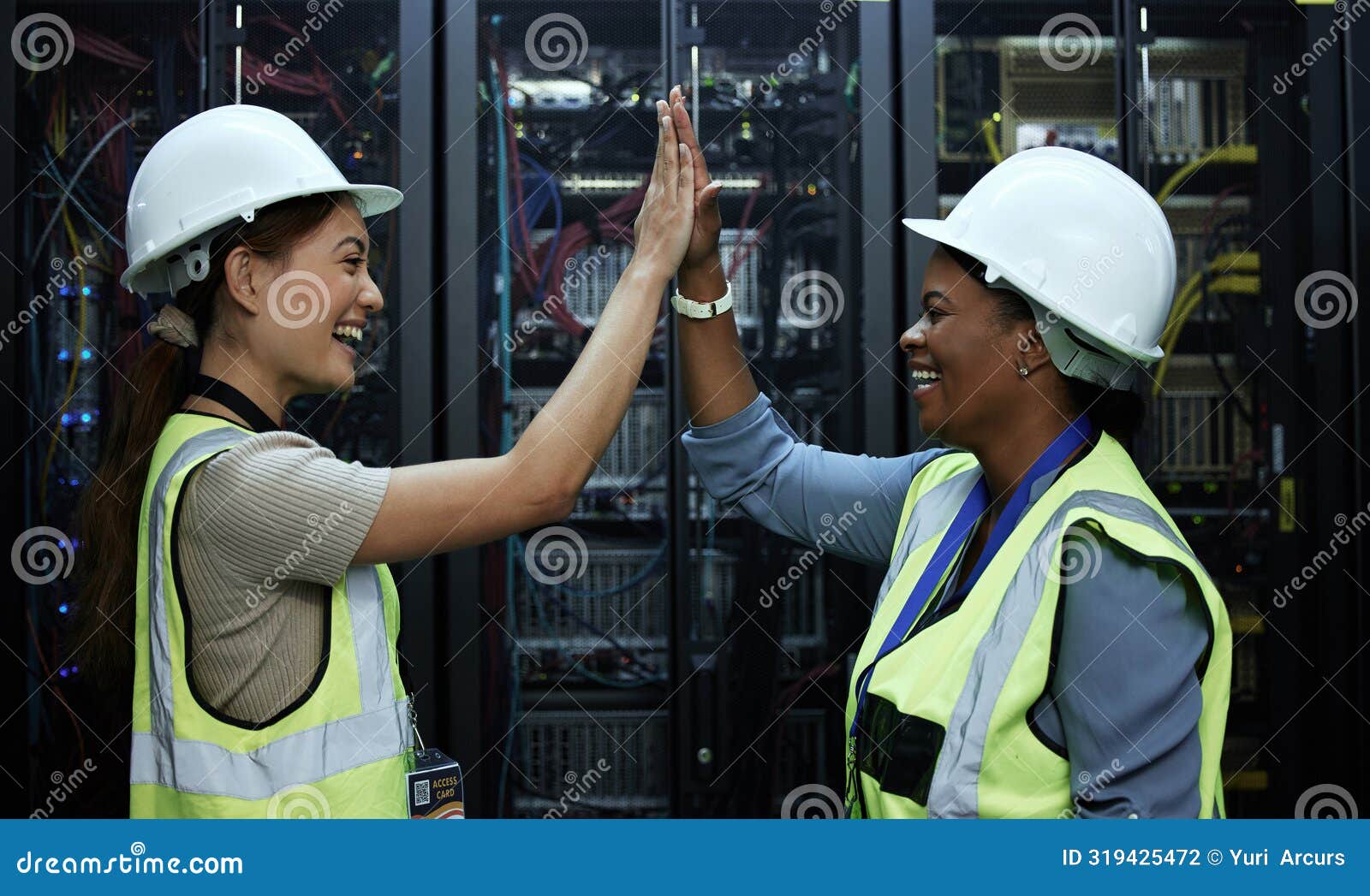 Women, High Five and Success for Job in Engineering with Software ...