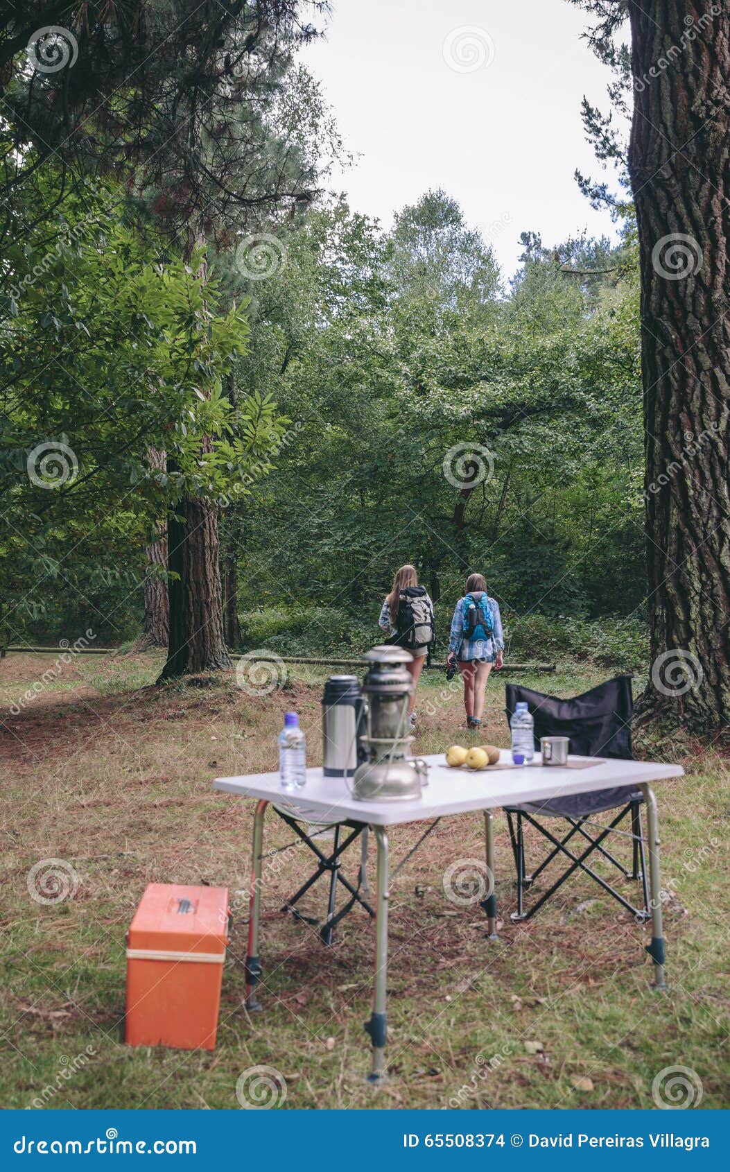 Women Hiking with Camping Table in Foreground Stock Photo - Image of ...