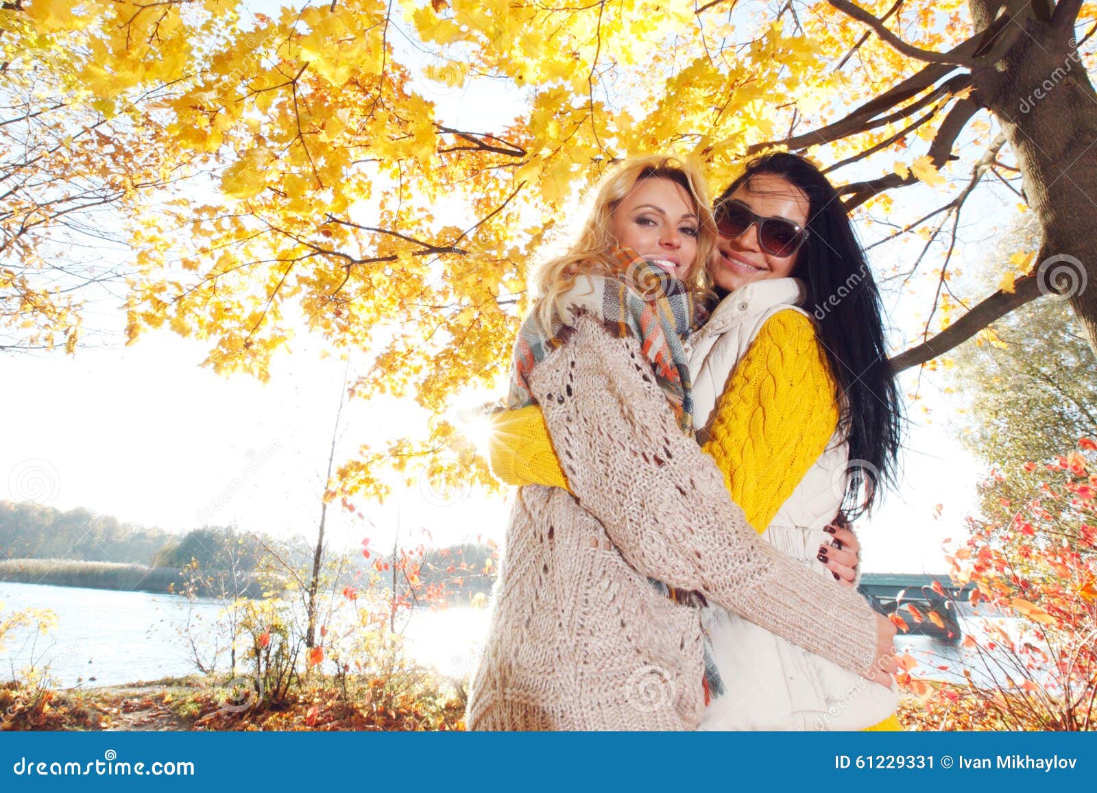 Women hug in autumn park stock image. Image of park, smiling - 61229331