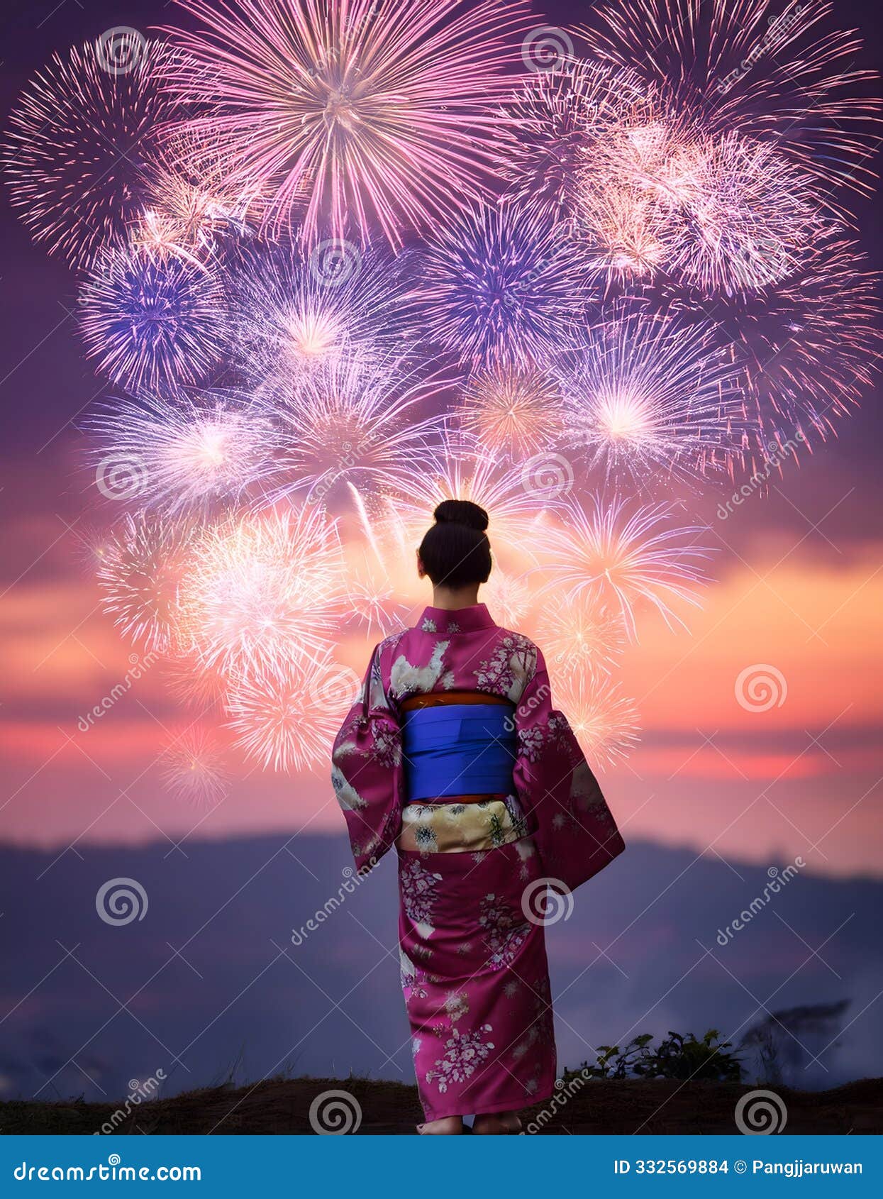 Women in Kimono, Silhouette with Magic Firework Moment Stock ...