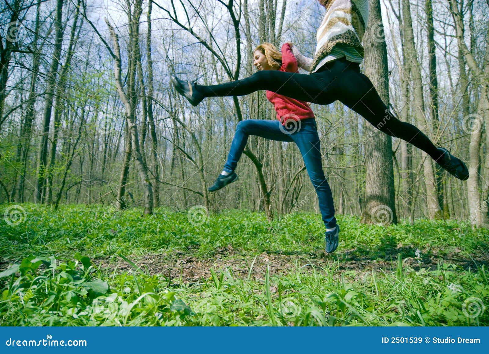 Women leaping in forest stock image. Image of path, play - 2501539