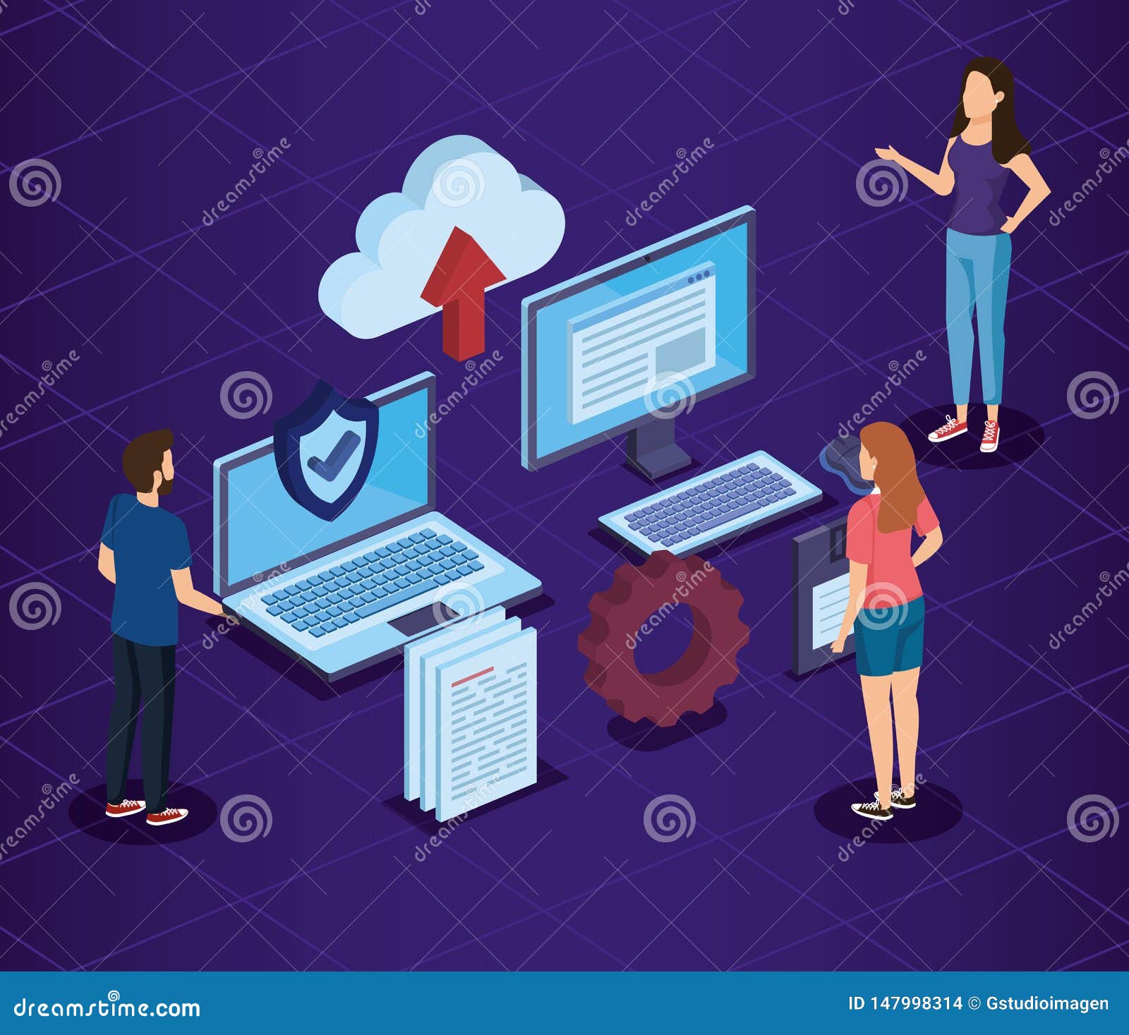 Women and Man with Laptop and Computer Technology with Cloud Data Stock Illustration ...