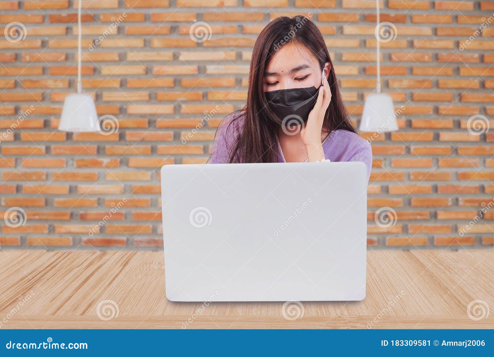 Women with Mask Face Working on Laptop Computer Stock Image - Image of ...