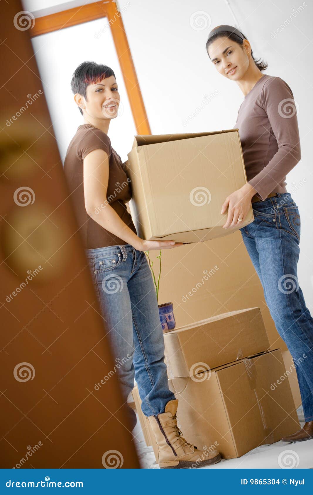 Women moving home stock photo. Image of attractive, cardboard - 9865304