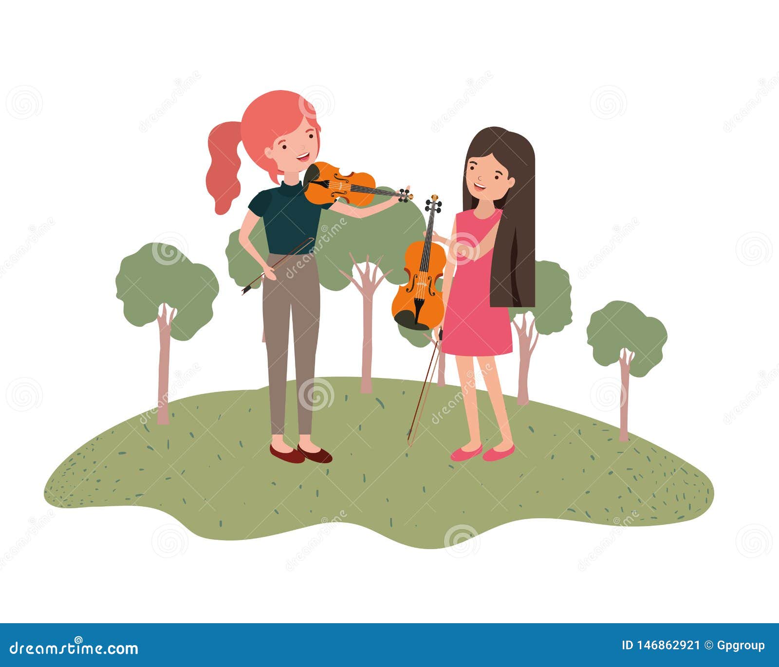 Women with Musical Instruments in Landscape Stock Vector - Illustration ...