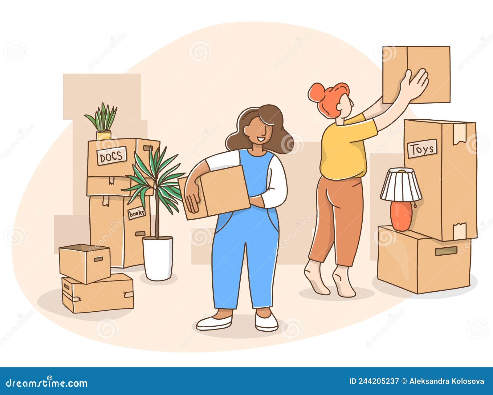 Women Pack Things in Boxes during the Move. Stock Vector - Illustration ...