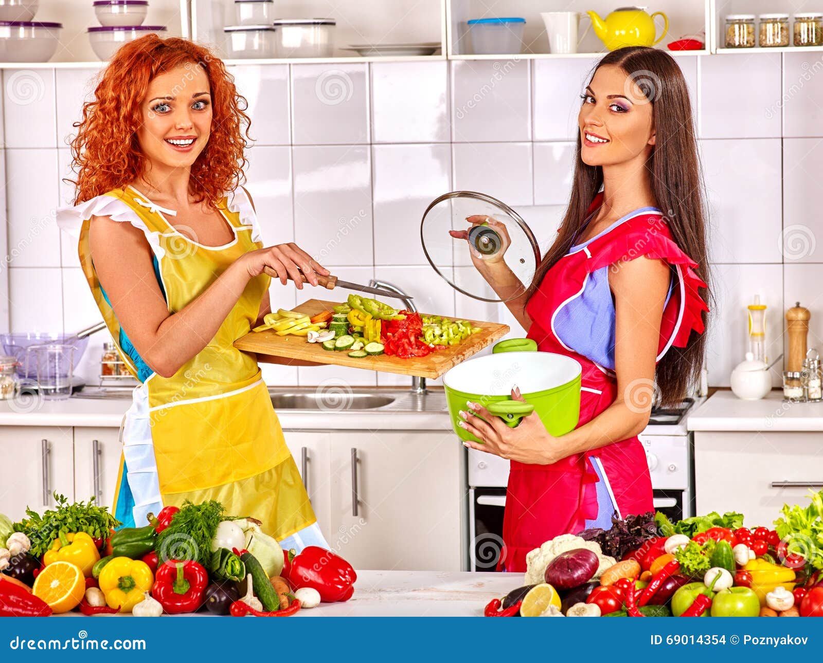 Women Preparing Vegetable Food at Kitchen. Stock Photo - Image of ...