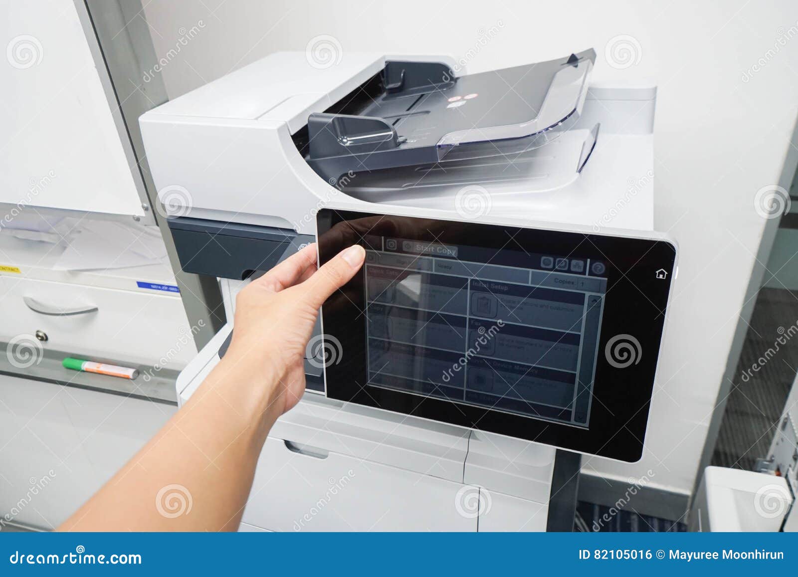 Women Press Printer Screen by Left Hand for Scanning Stock Photo ...