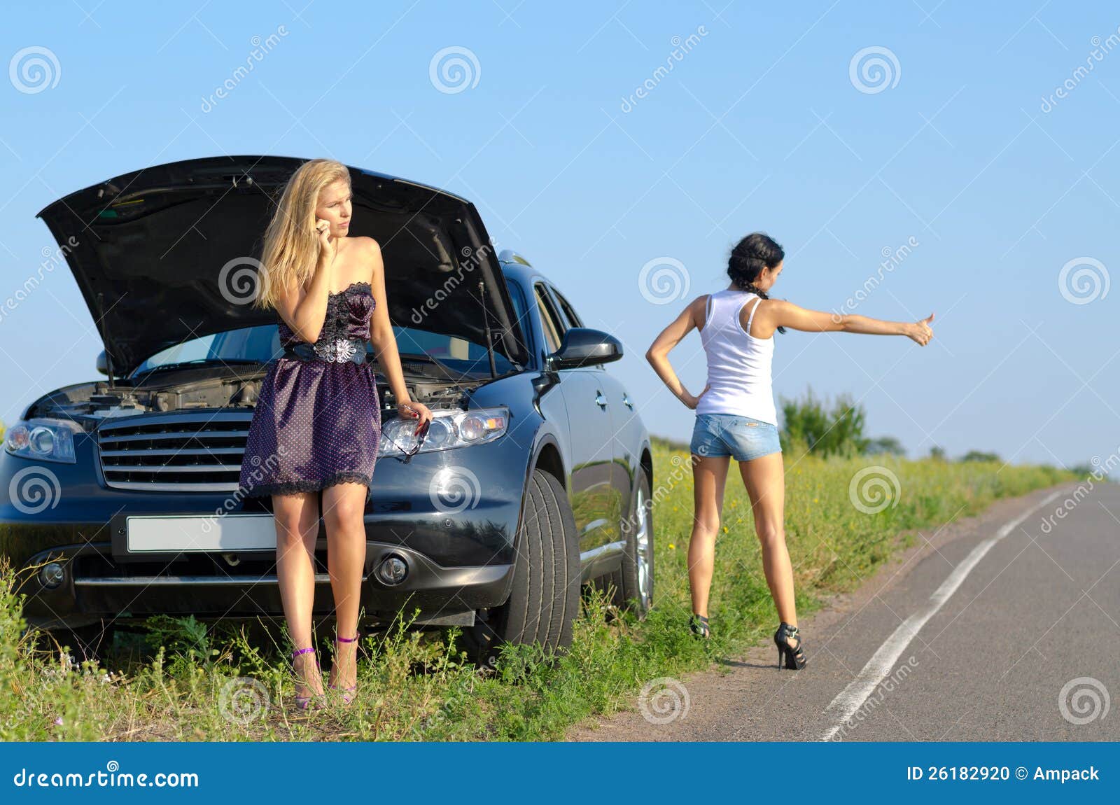Women with a Roadside Breakdown Stock Photo - Image of accident, adult ...
