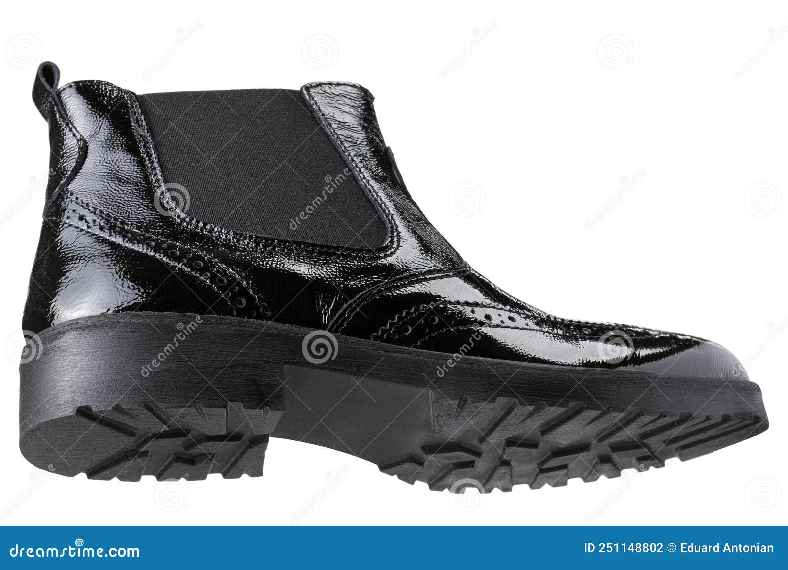 Women`s Black Leather Patent Boot, Sole with Tread, on a White ...