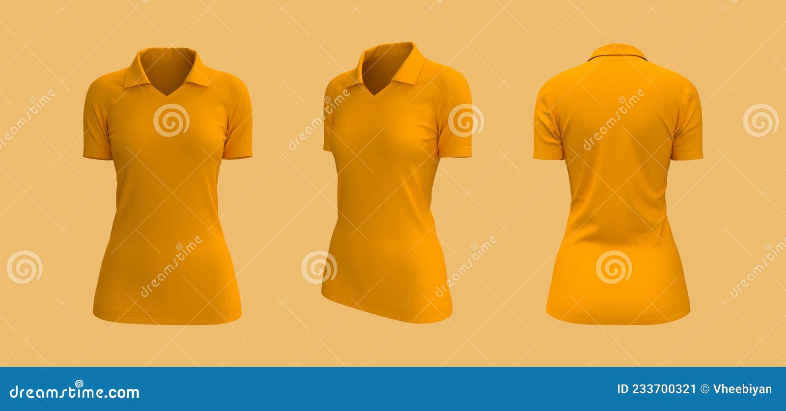 Women`s Collared T Shirt Mockup Front Side And Back Views Stock