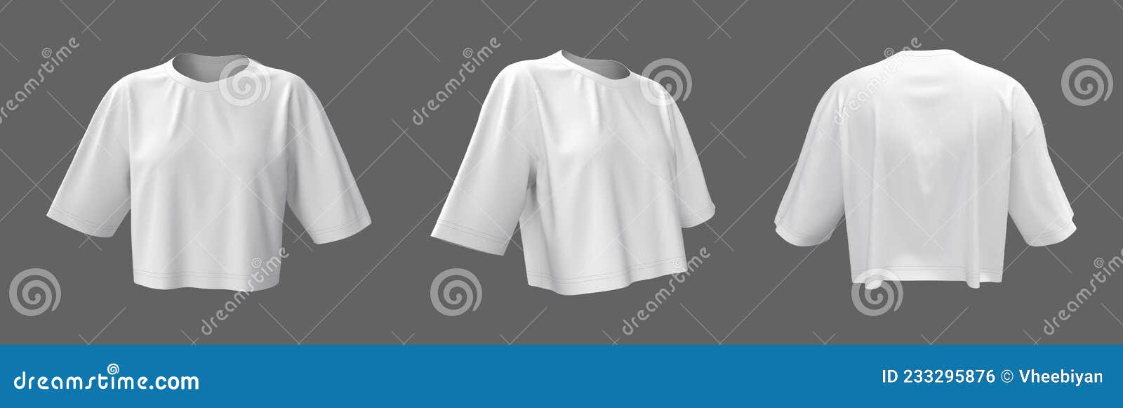 Women`s Cropped T Shirt Mockup Front Side And Back Views Stock