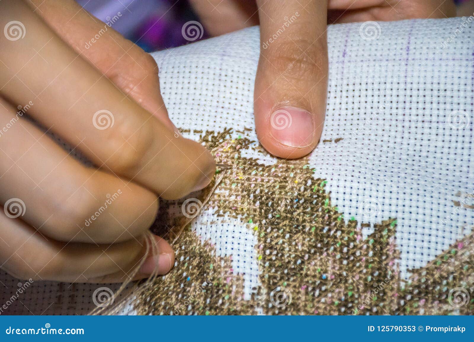 Women`s Hand Doing Cross-stitching with Needle Stock Image - Image of ...