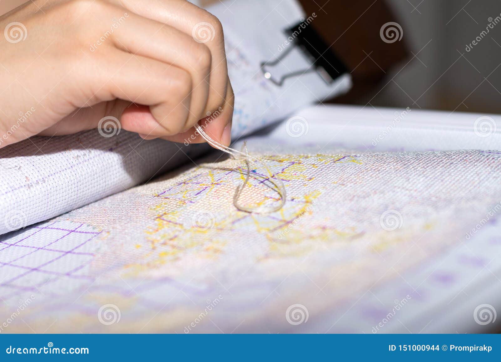 Women`s Hand Doing Cross-stitching with Needle Stock Photo - Image of ...