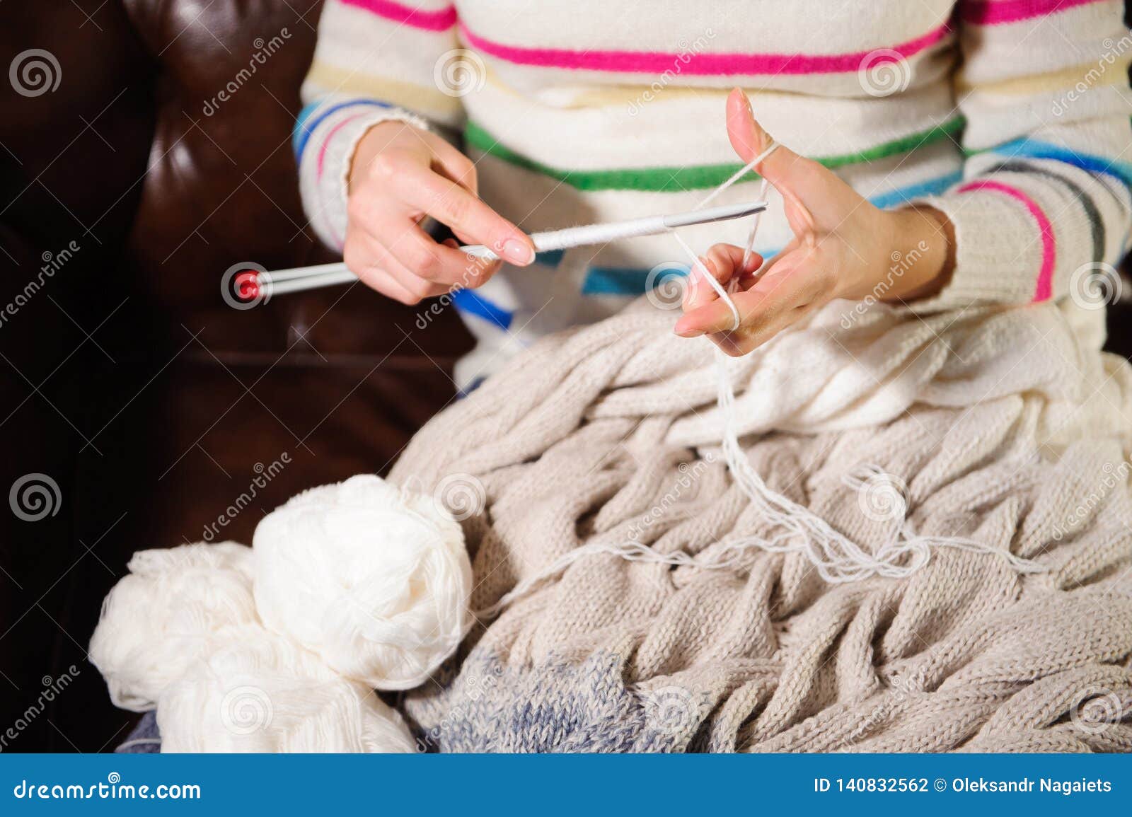 Women`s Hands Knitting. Close Up of Hands Knitting Stock Photo - Image ...
