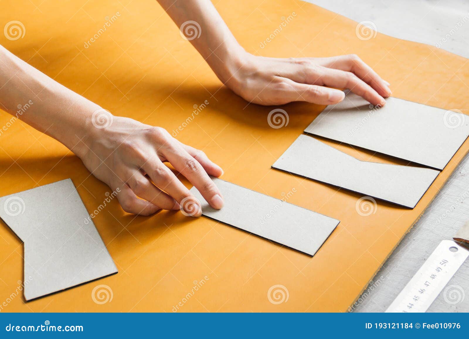 Women`s Hands Lay Out Patterns on Leather Stock Photo - Image of ...