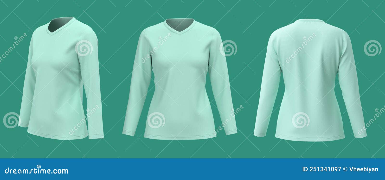 Women`s V Neck T Shirt Mockup Front Side And Back Views Design