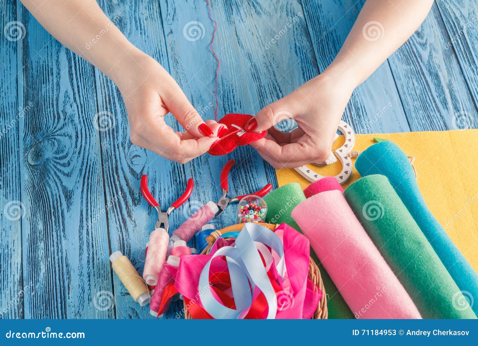 Women Sews by Hand and Making Handmade Heart Stock Image - Image of ...