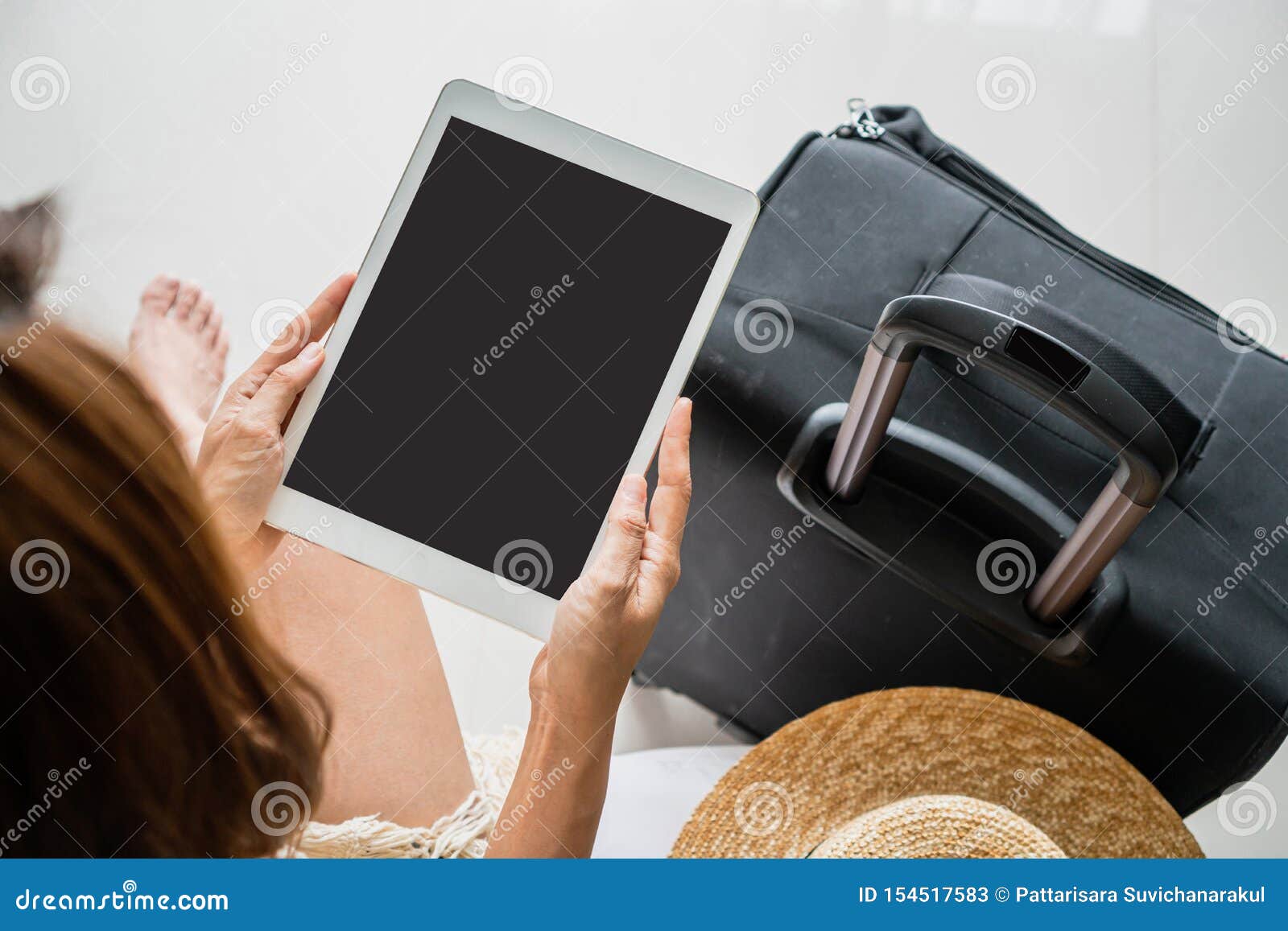 Women Sitting on Bed Using Tablet Stock Image - Image of asian, relax ...