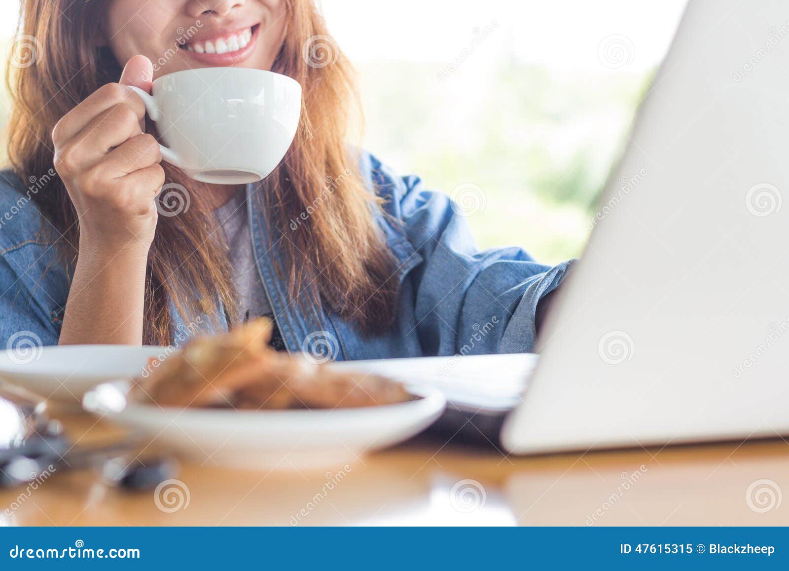 Women Smile Drink Coffee and Use Computer Stock Image - Image of rest ...