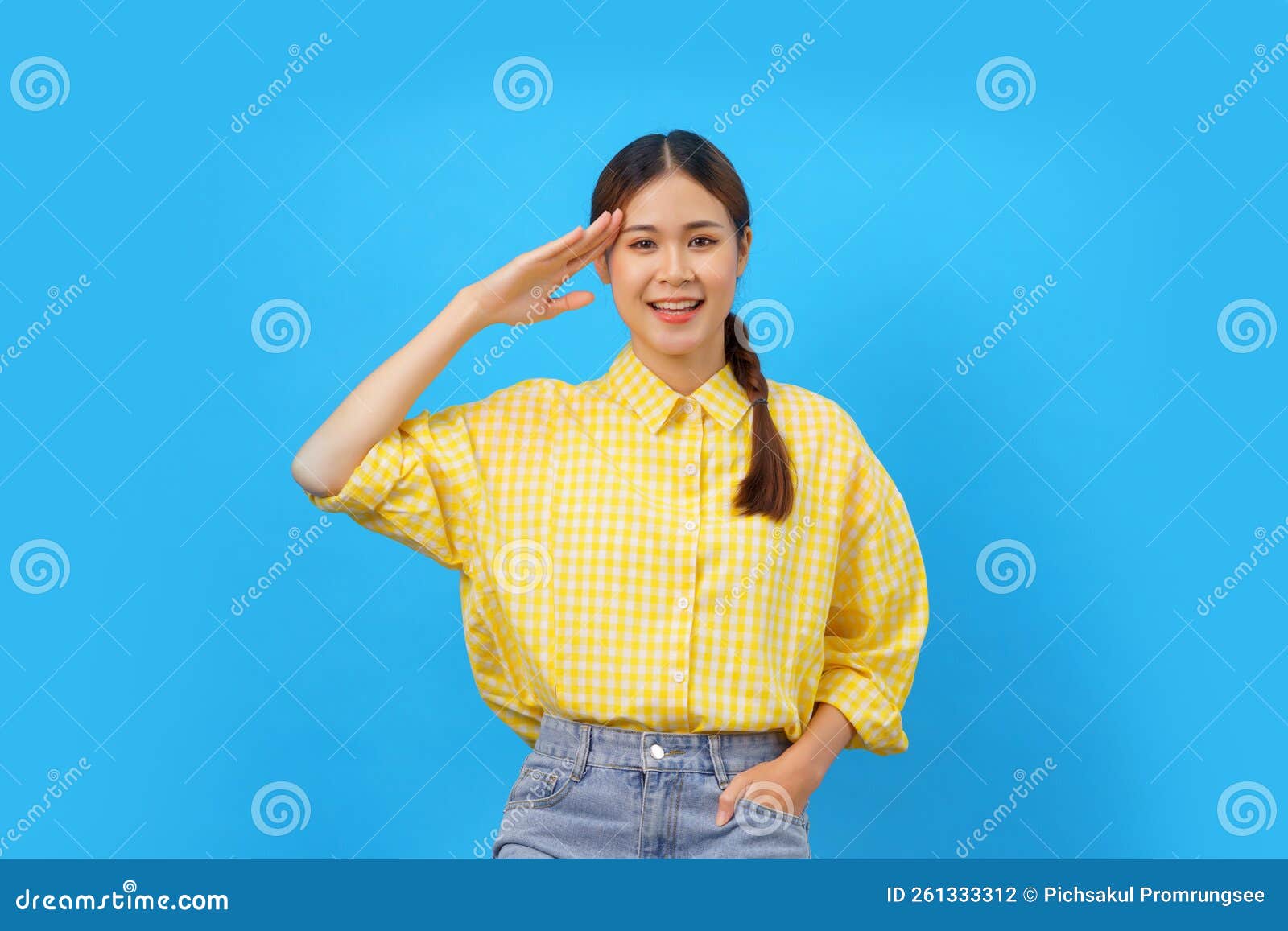 Women are Smiling and Doing Gesture Salutation Greeting on Light Blue ...