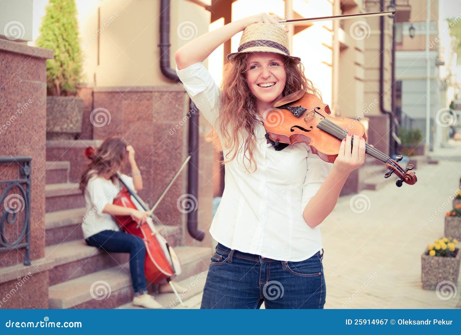 Women Strings Duet Playing Violin Stock Image - Image of street, music ...