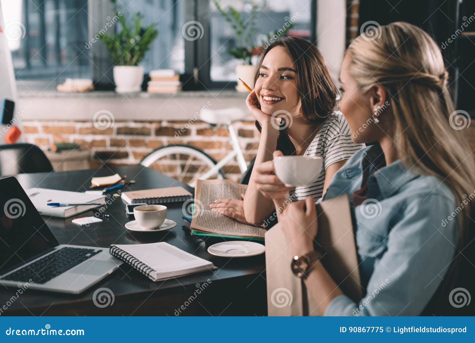Women Students Having Conversation while Studying Together Stock Image ...