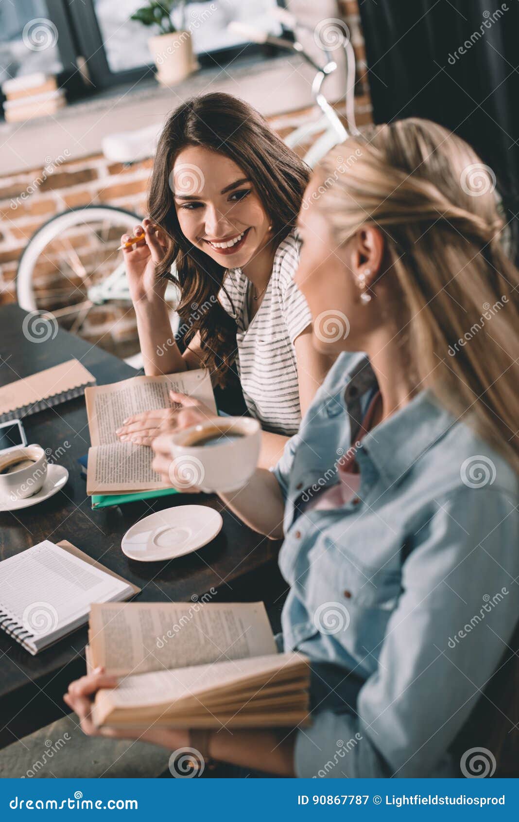 Women Students Having Conversation while Studying Together Stock Image ...