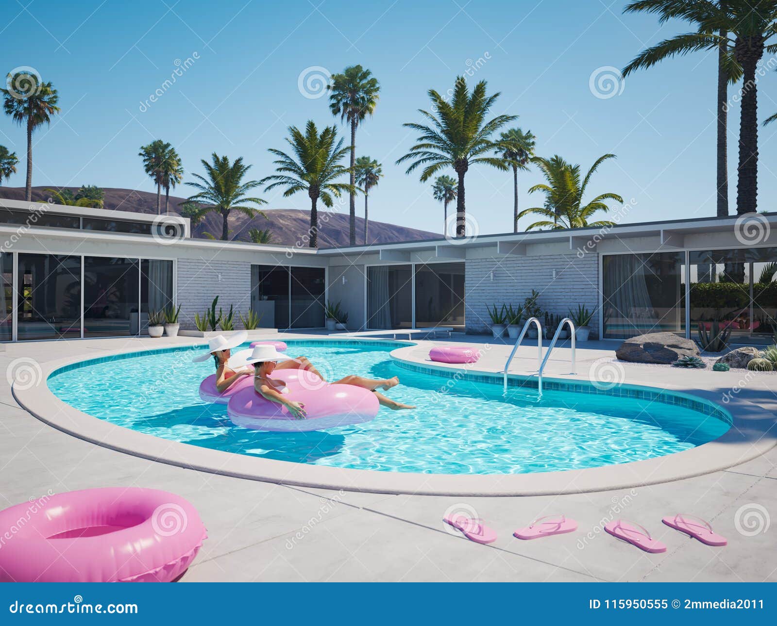 Women Swimming on Float in a Pool. 3d Rendering Stock Illustration ...