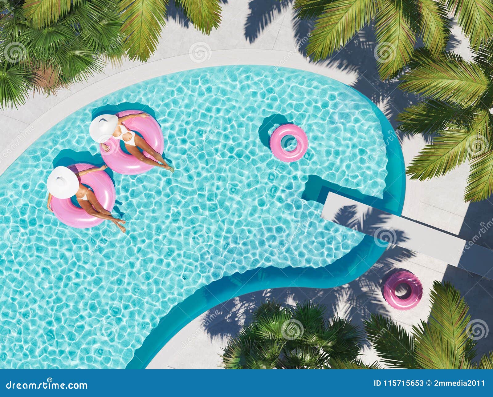 Women Swimming on Float in a Pool. 3d Rendering Stock Image - Image of ...