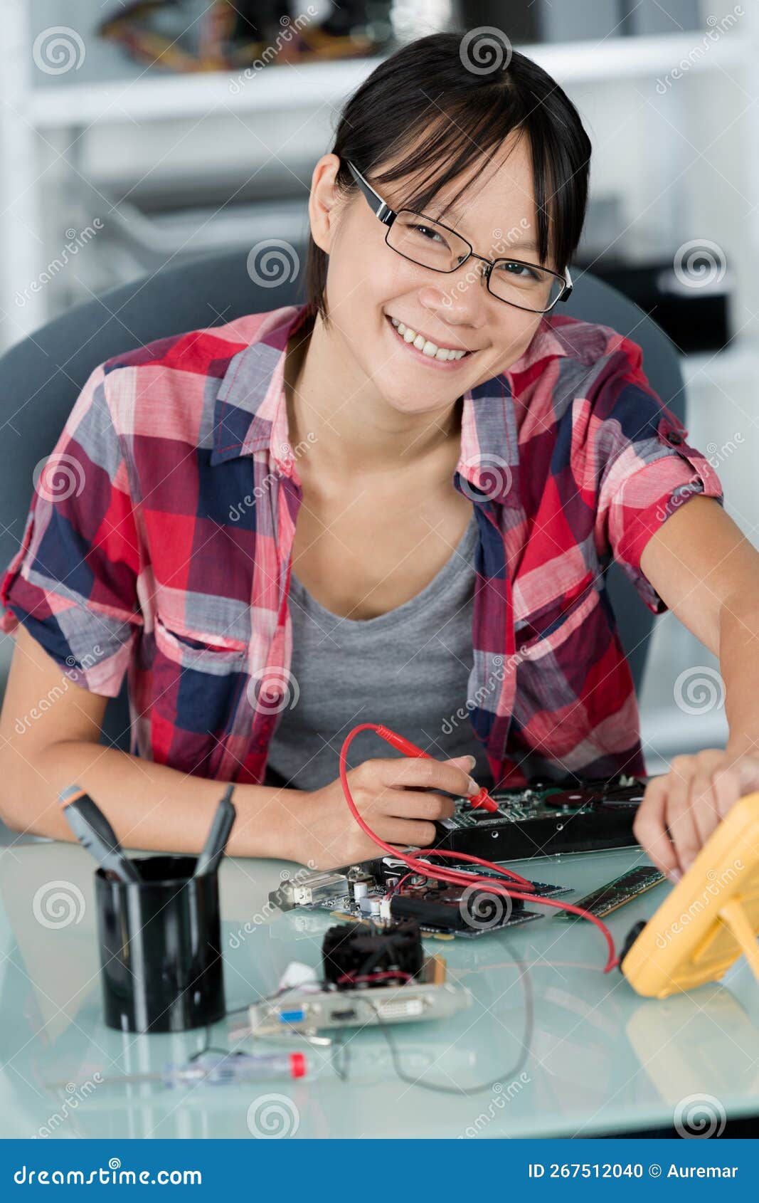 Women Technician Fixing Computer Room with Balanced Illumination Stock ...