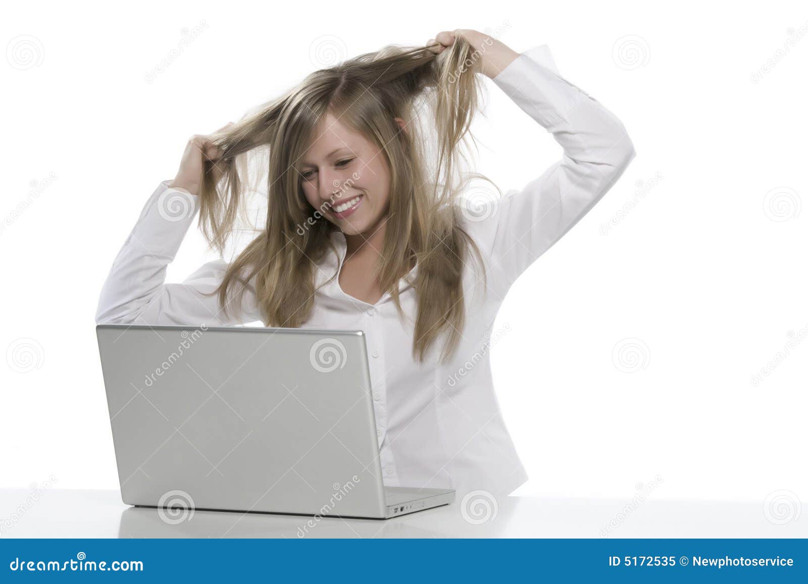 Women To the Computer that You Pull Hair Stock Image - Image of happy ...