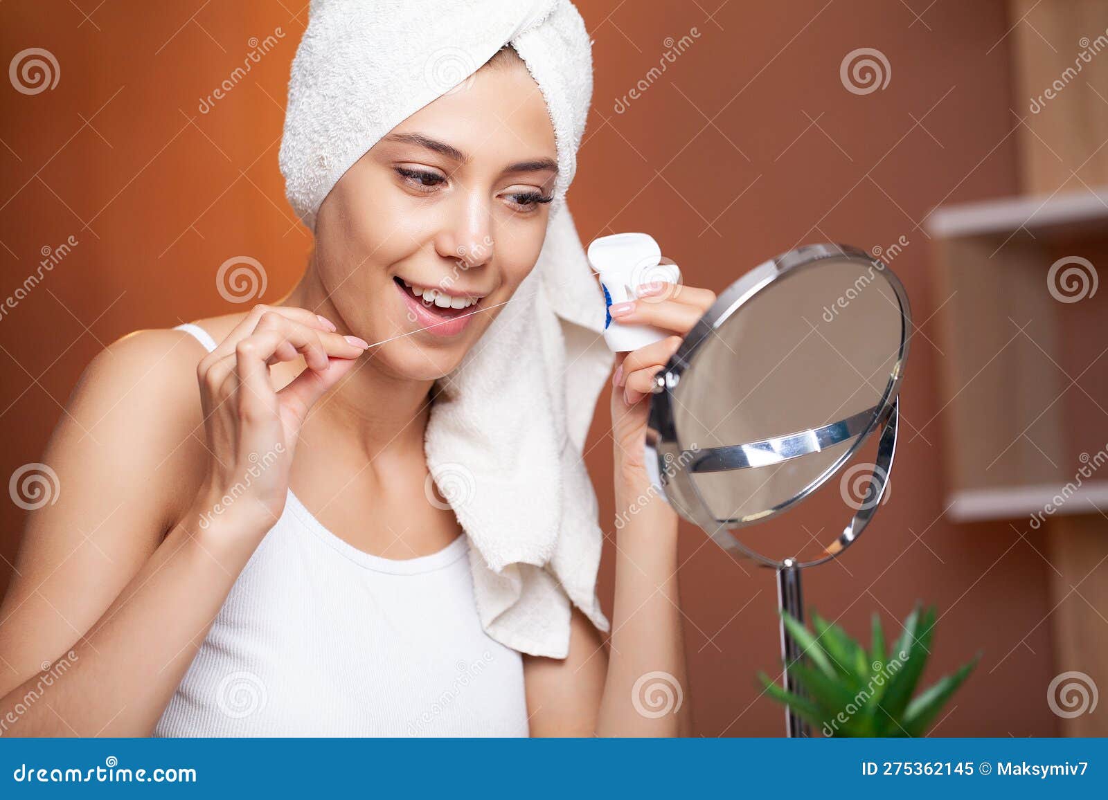Women Use Dental Floss White Healthy Teeth. Stock Image - Image of ...
