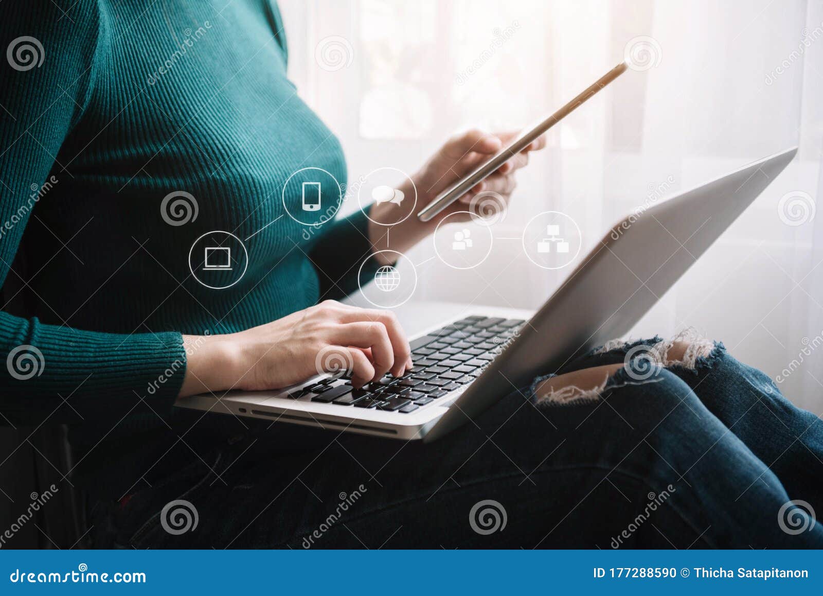 Women Use a Tablet and Work Computer. Stock Photo - Image of network ...