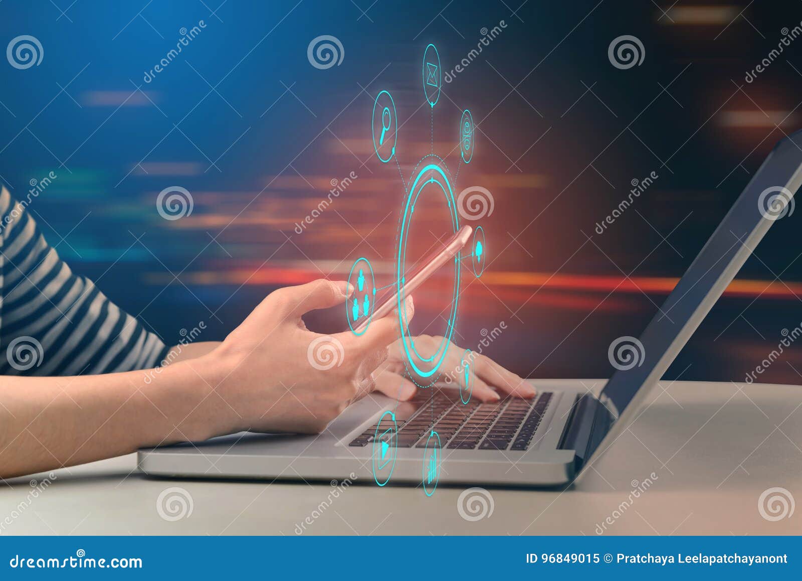 Women Using Smartphone and Laptop Computer with Social Media Icon ...