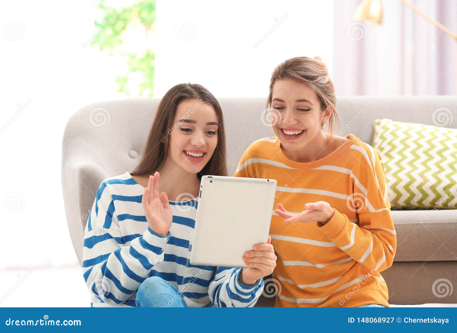 Women Using Tablet for Video Chat Stock Image - Image of browsing ...