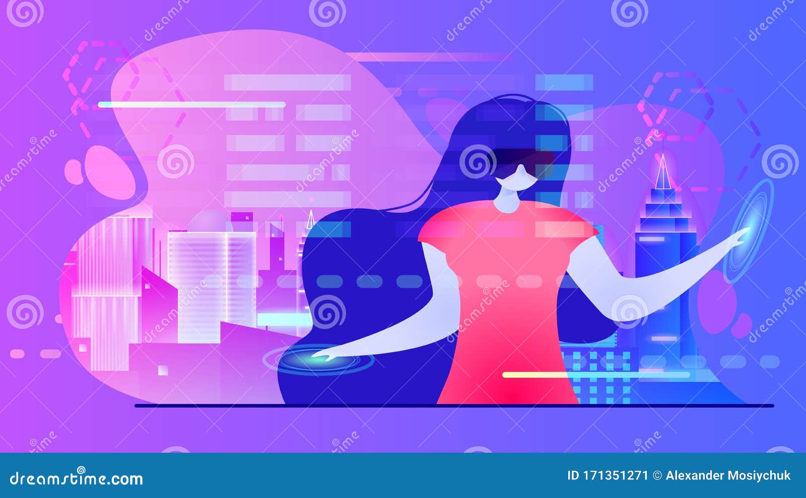 Women in Virtual Reality Headset Works with Graphs and Charts. VR ...