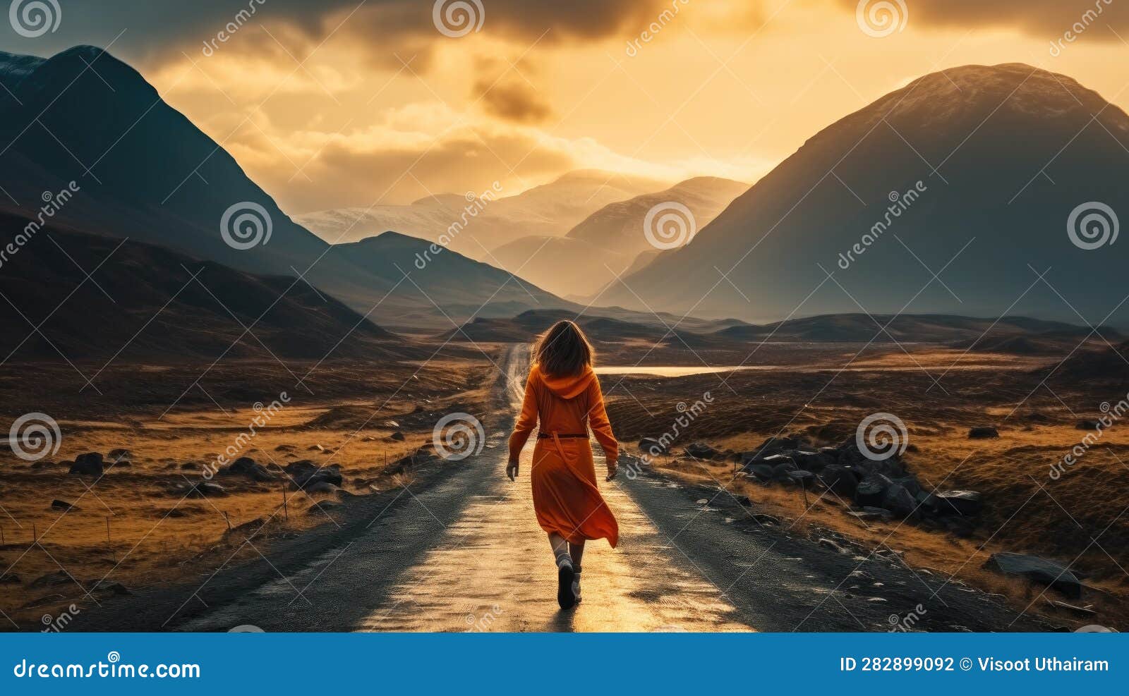 Women Walking Alone on the Road To the Mountains Stock Illustration ...