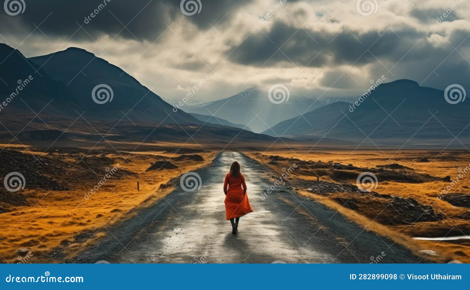 Women Walking Alone on the Road To the Mountains Stock Illustration ...