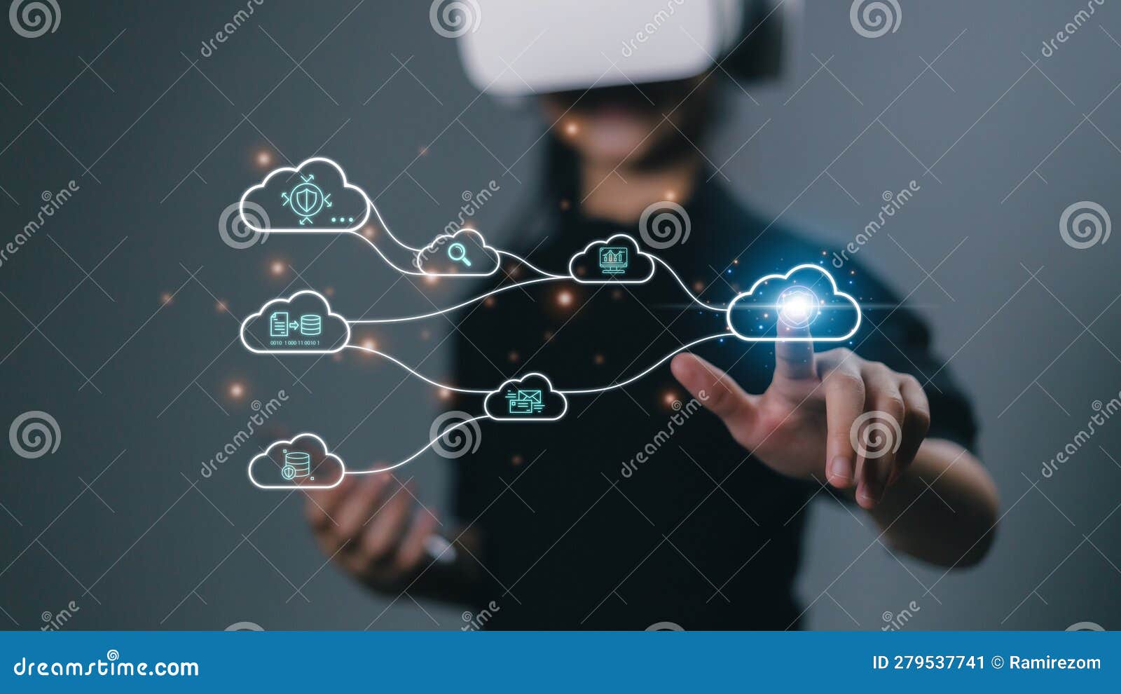 Women Wear VR Glasses and Access Cloud Technology Internet Network Data ...